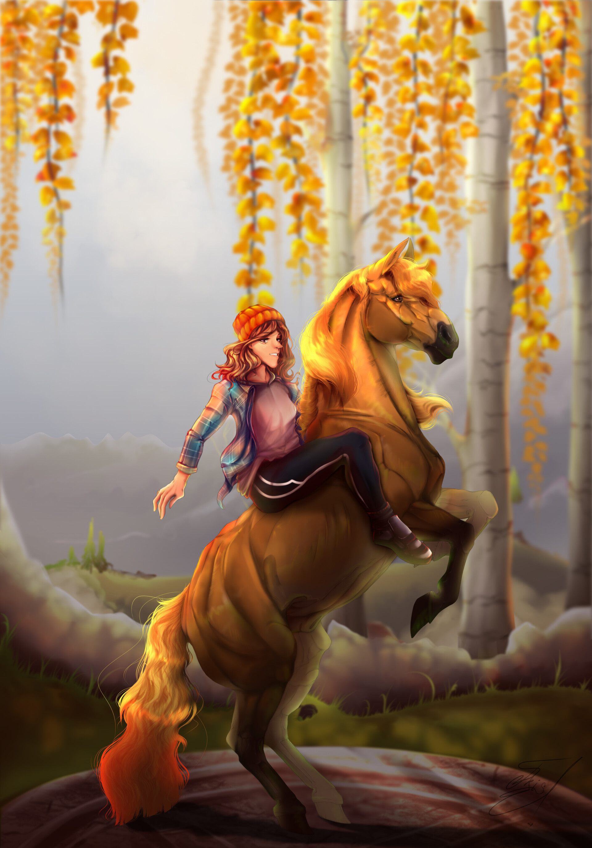 ArtStation - rays of the autumn sun. horse riding