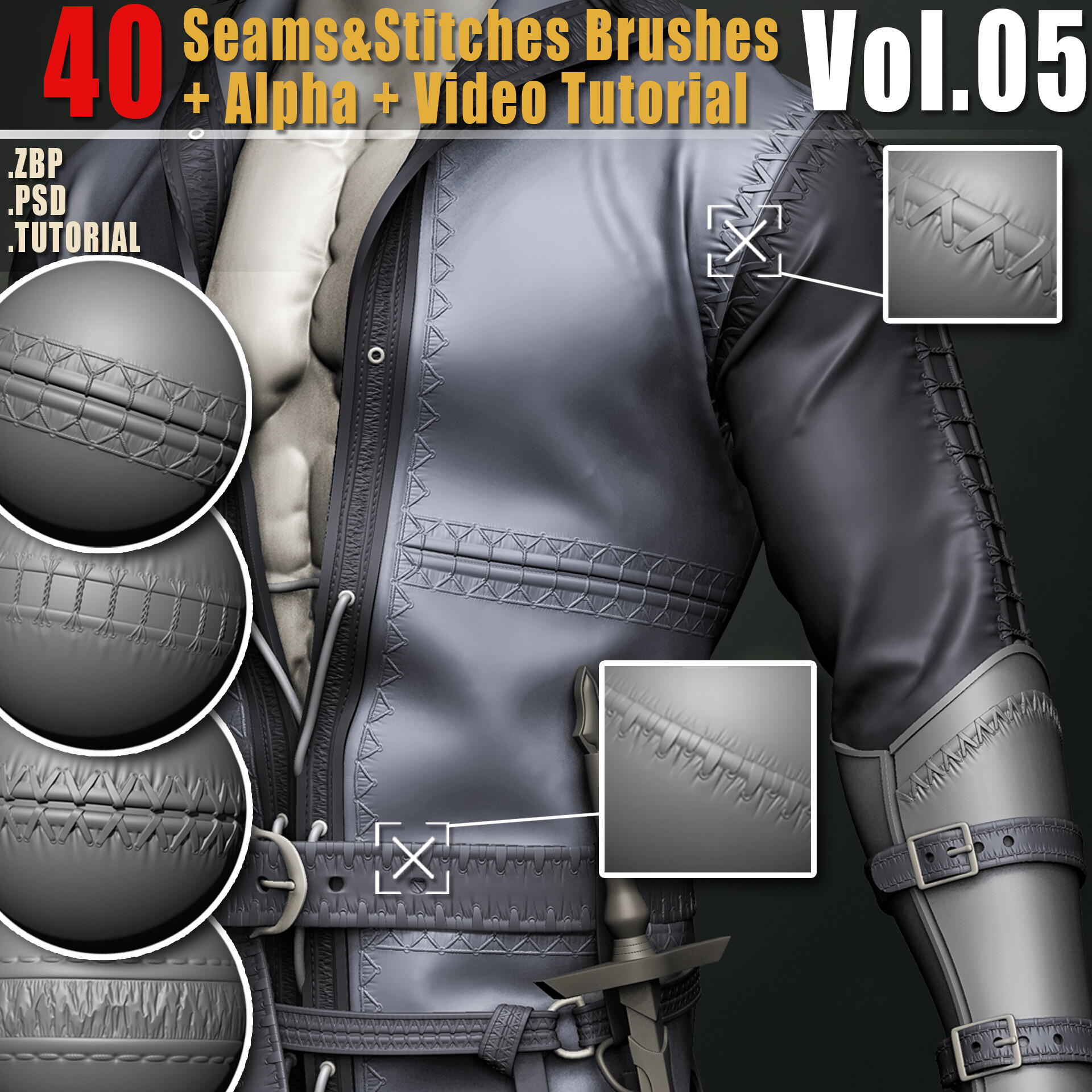 ArtStation - 40 Seams And Stitches Brushes + Alpha + Video Tutorial Vol.05