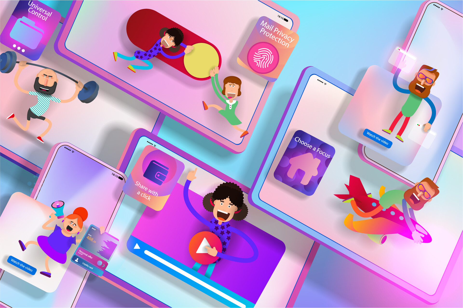 ArtStation - Cartoon characters and mobile interface on digital tablet ...
