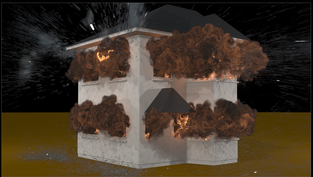 ArtStation - RBD windows Destruction and Pyro Simulation. Houdini project.