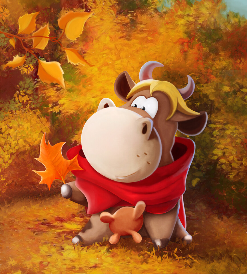 ArtStation - Funny Cartoon Cow In A Forest During Autumn