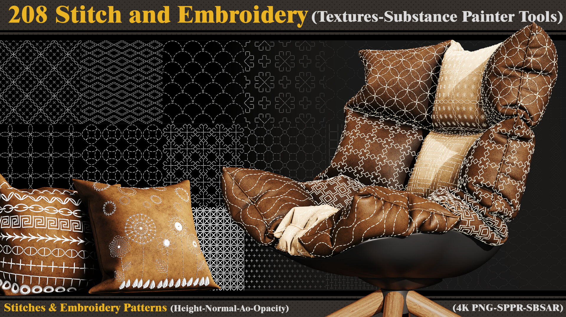 Zahra.3D - 208 Stitch and Embroidery Patterns (Textures-sbsar-sppr-Alpha)