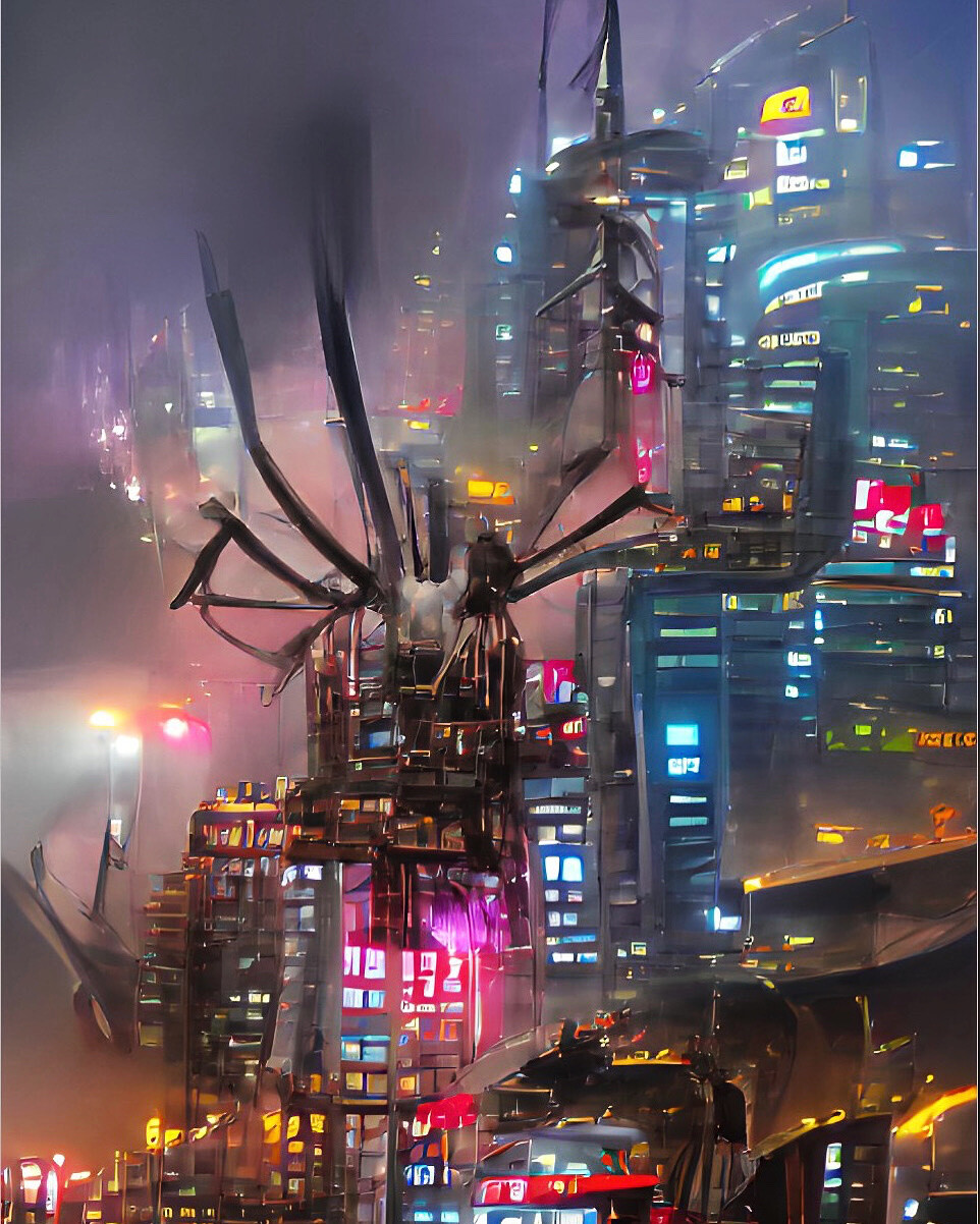 ArtStation - Cyberpunk city with giant spider