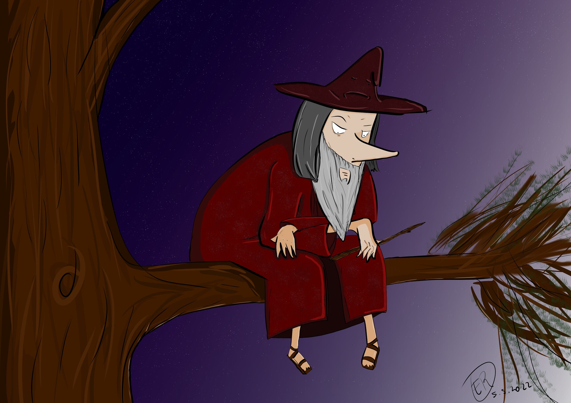 ArtStation - A wizard sitting on a tree watching the city is full of fools