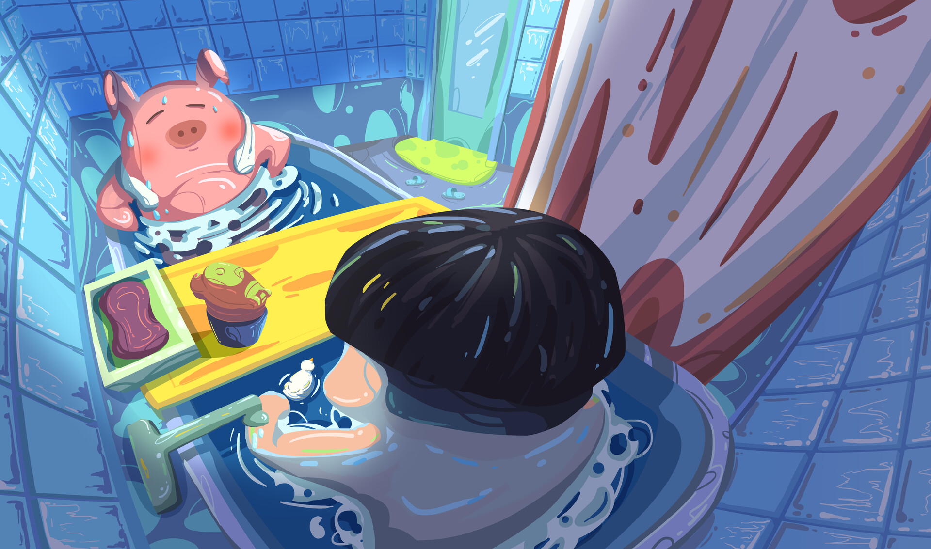 ArtStation - Big brother pig and little brother pig's bath