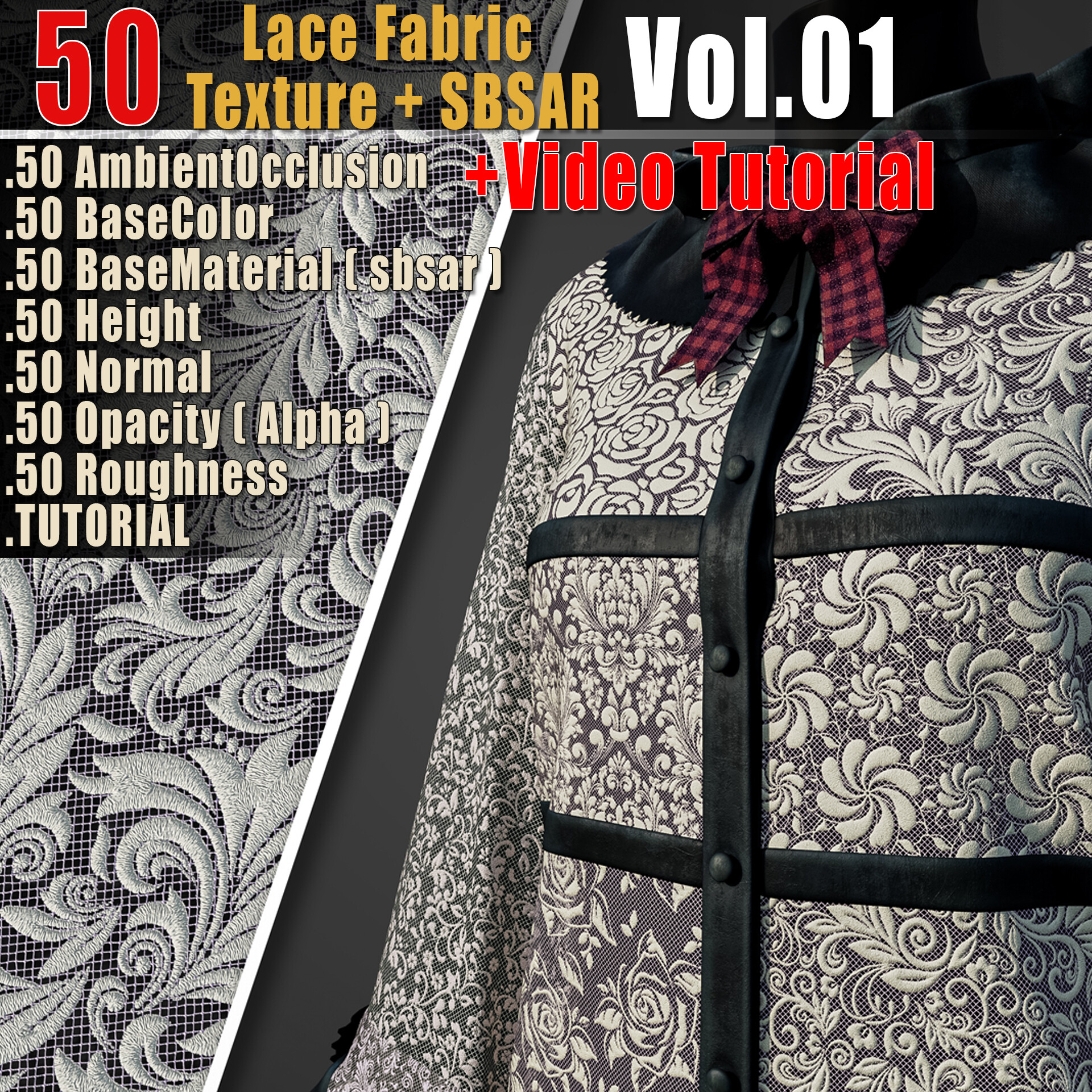 ArtStation - 50 Lace Fabric Texture + Sbsar + VideoTutorial Vol01
