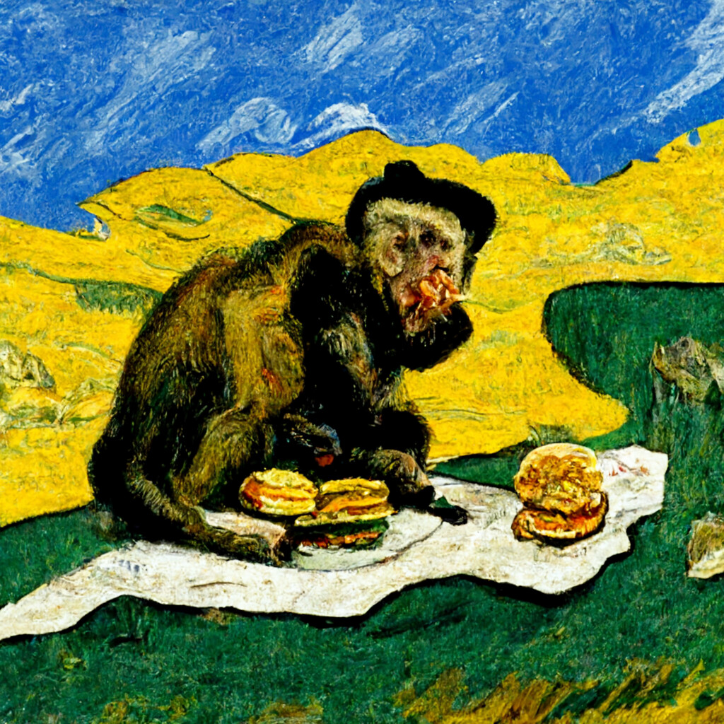 ArtStation - "A monkey eating a cheeseburger on a hill, by ..."