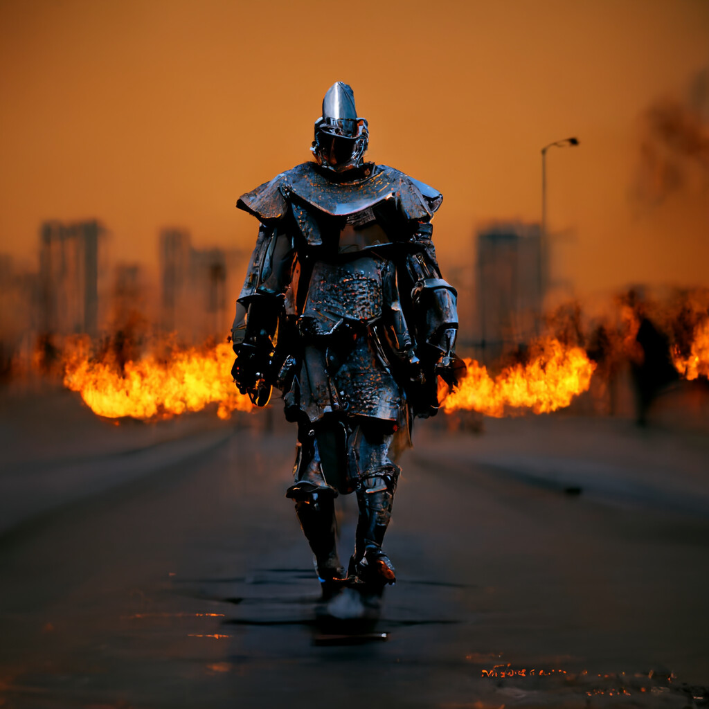ArtStation - knight walking away from burning city