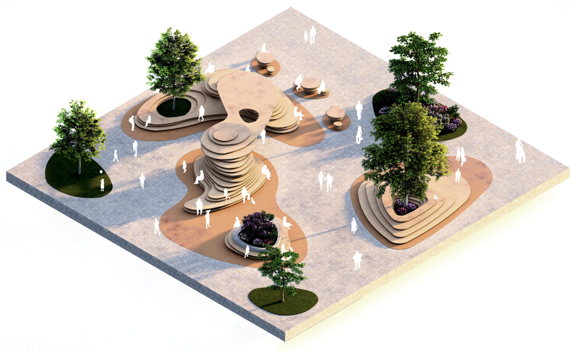 Crishzi - Public space with a layered wooden pavilion