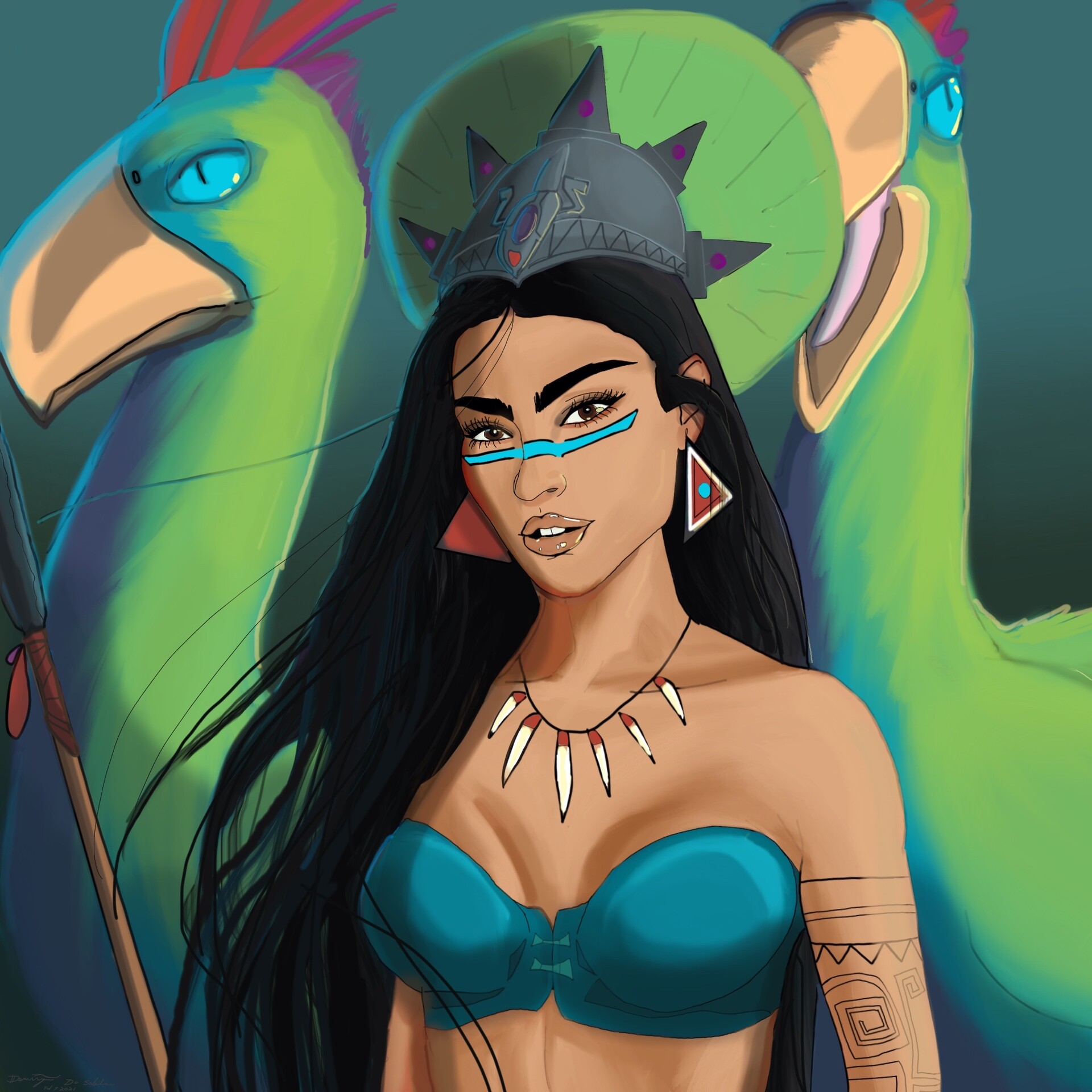 ArtStation - Aztec warrior maiden and her mythical bird companions.