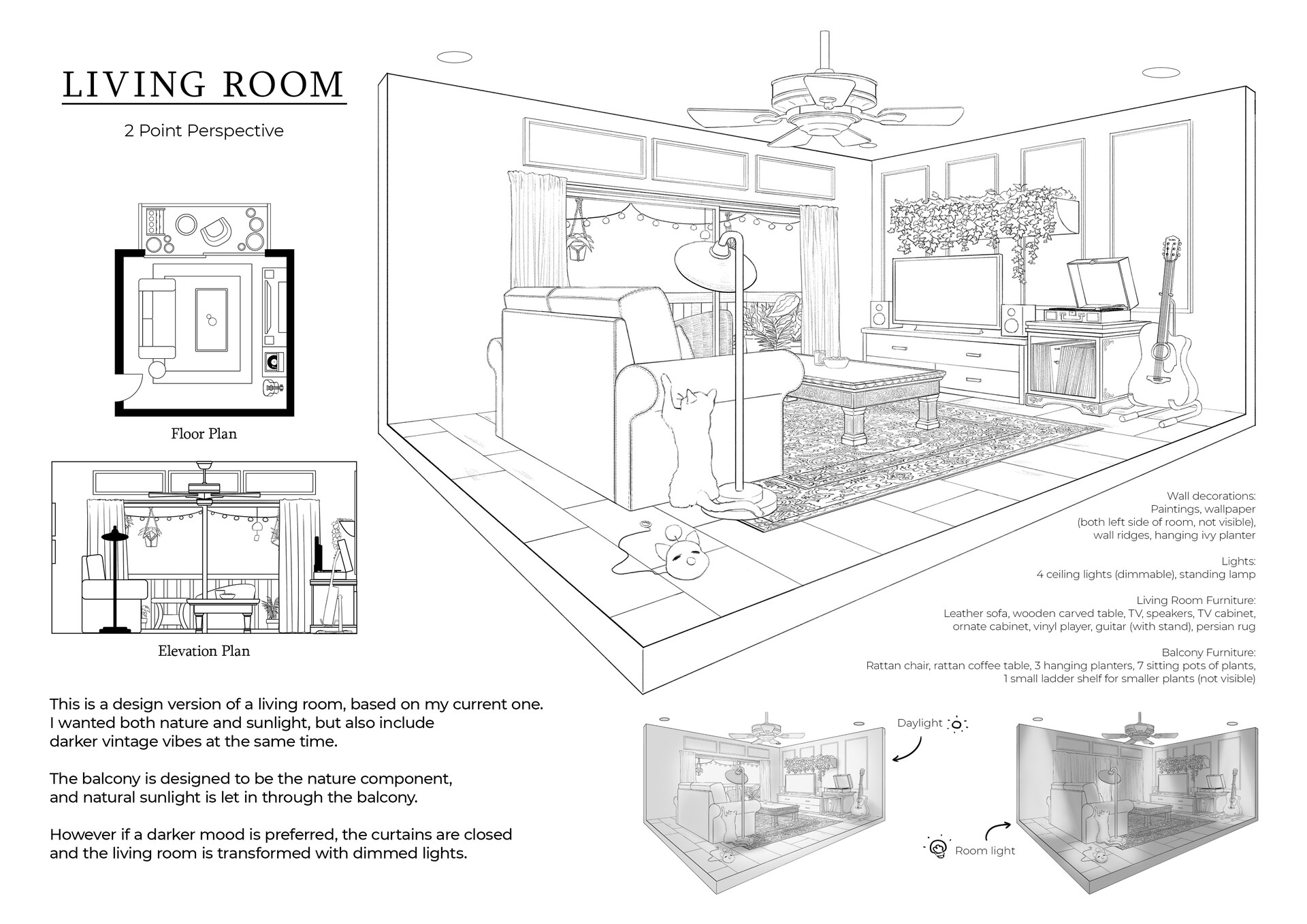 One Point Perspective Drawing Living Room