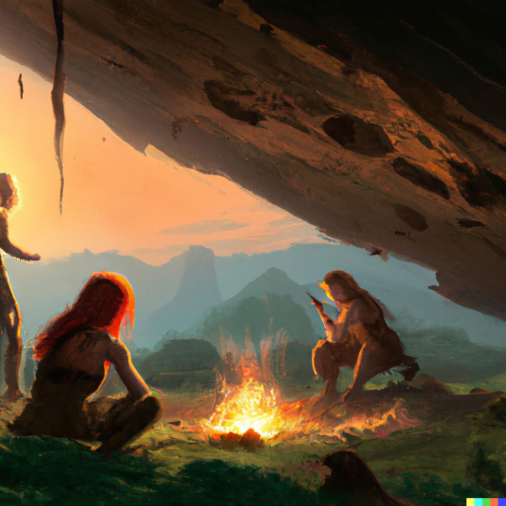 Mahmood Saeed - Family of a Neanderthal lighting a fire in a cave