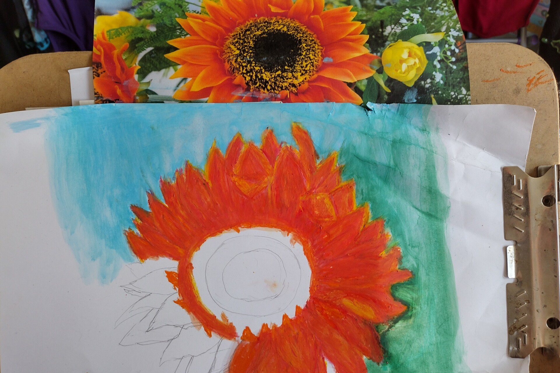 ArtStation - A little more progress sunflower in oil pastels