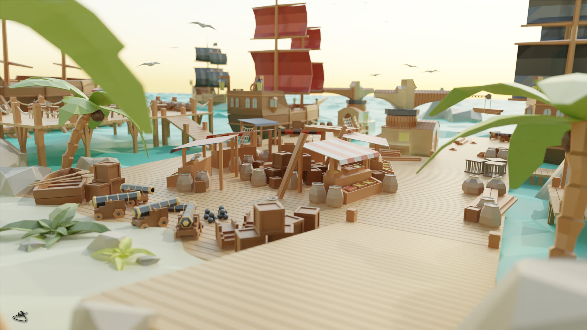 ArtStation - 3D Low Poly - Pirate Harbor