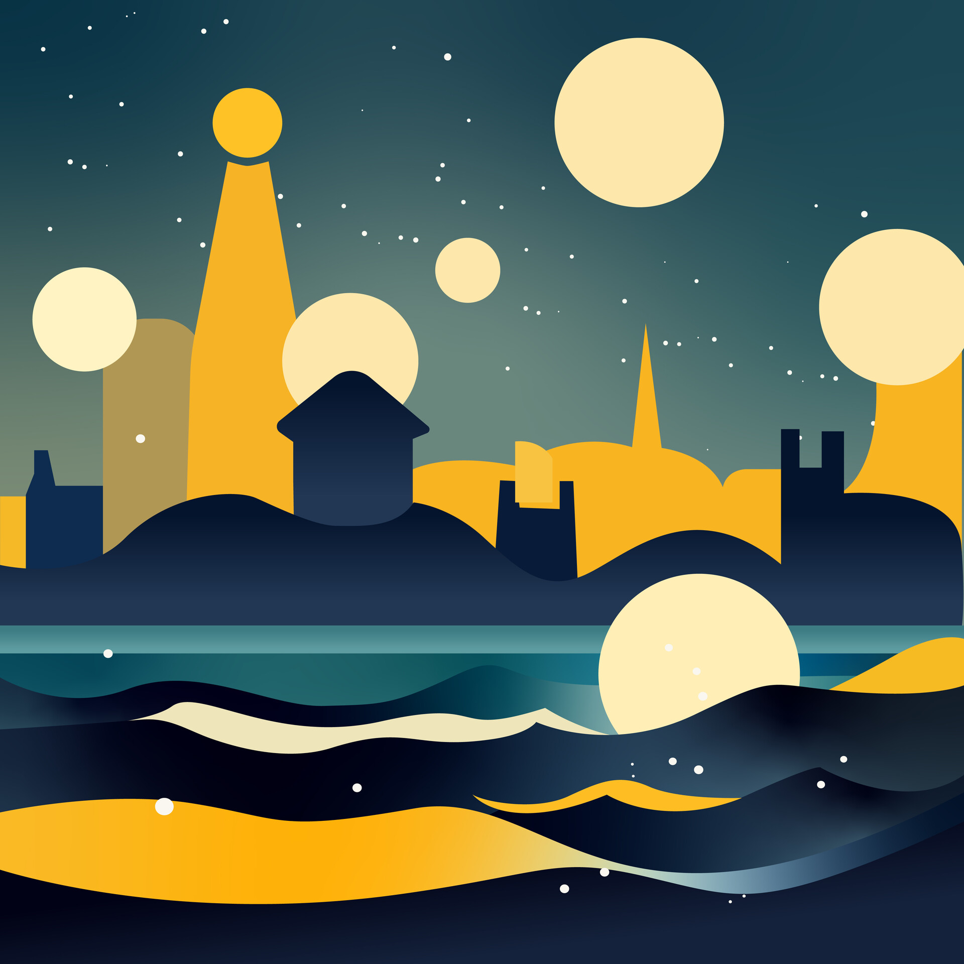 ArtStation - Seaside town night sky with starry night style landscape vector art