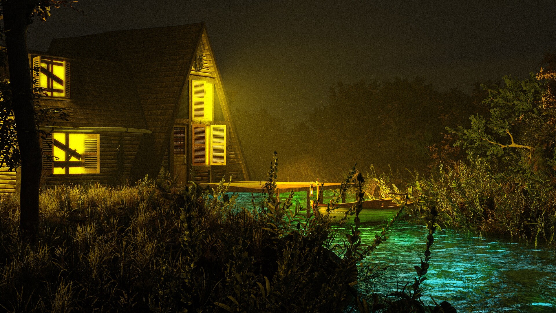 ArtStation - Glowing House at night near lake