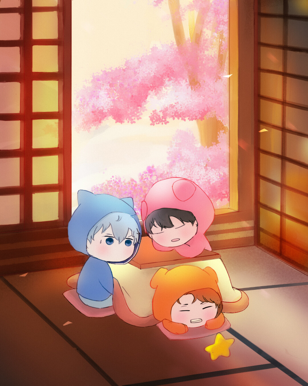 ArtStation - Cute chibis chilling in kotatsu 🌸