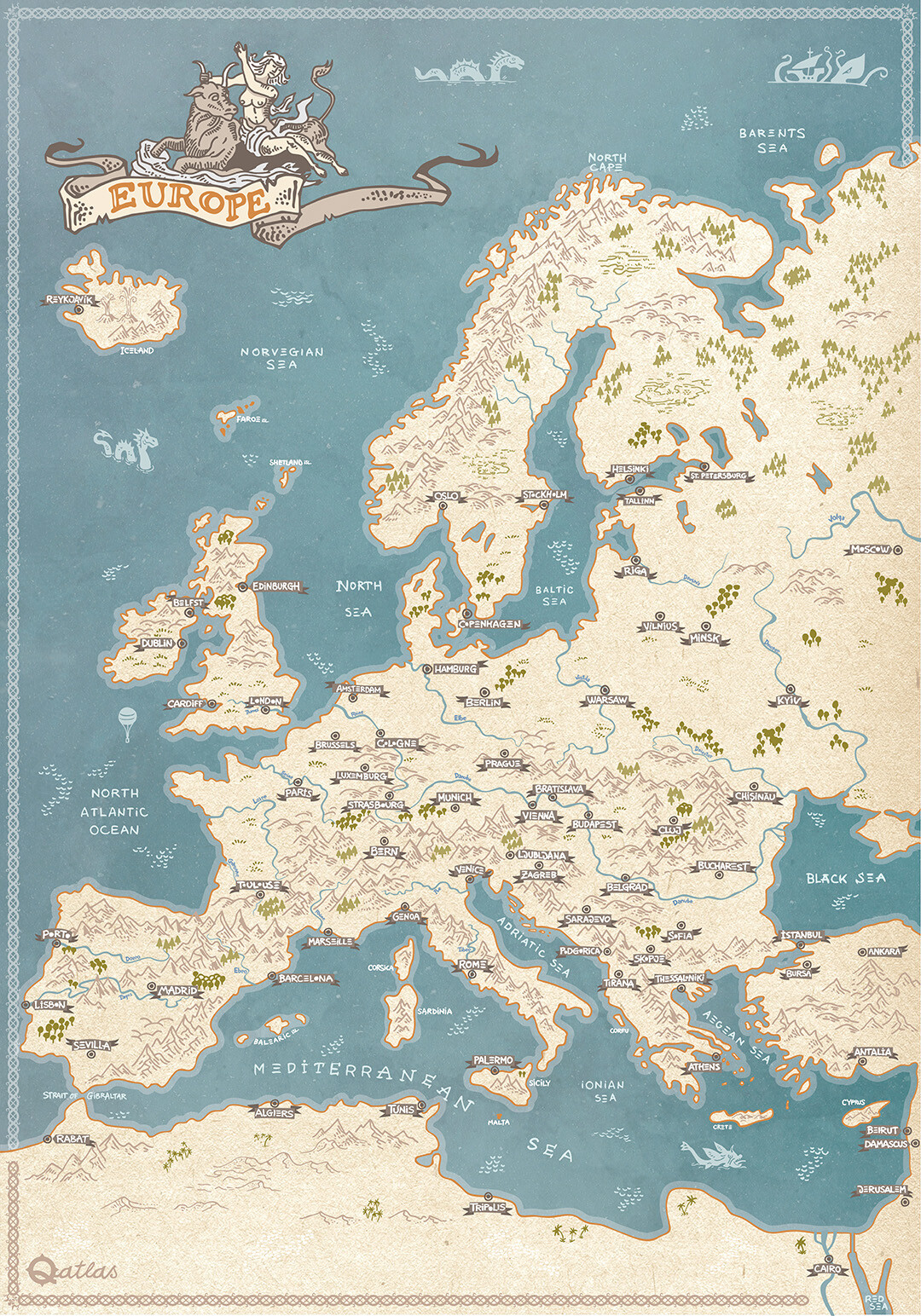 QatlasMap - Europe map line art fantasy style. More here: https://www ...