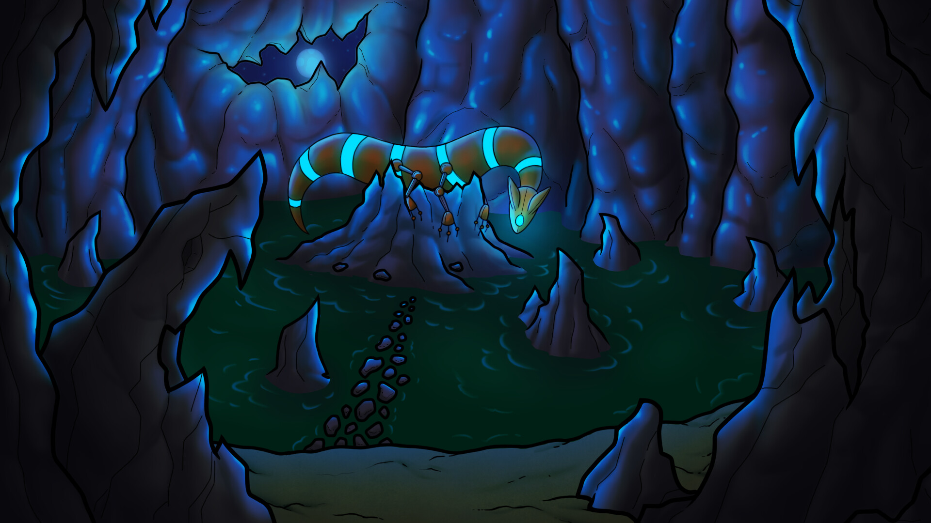 ArtStation - robot dragon lair under moonlight