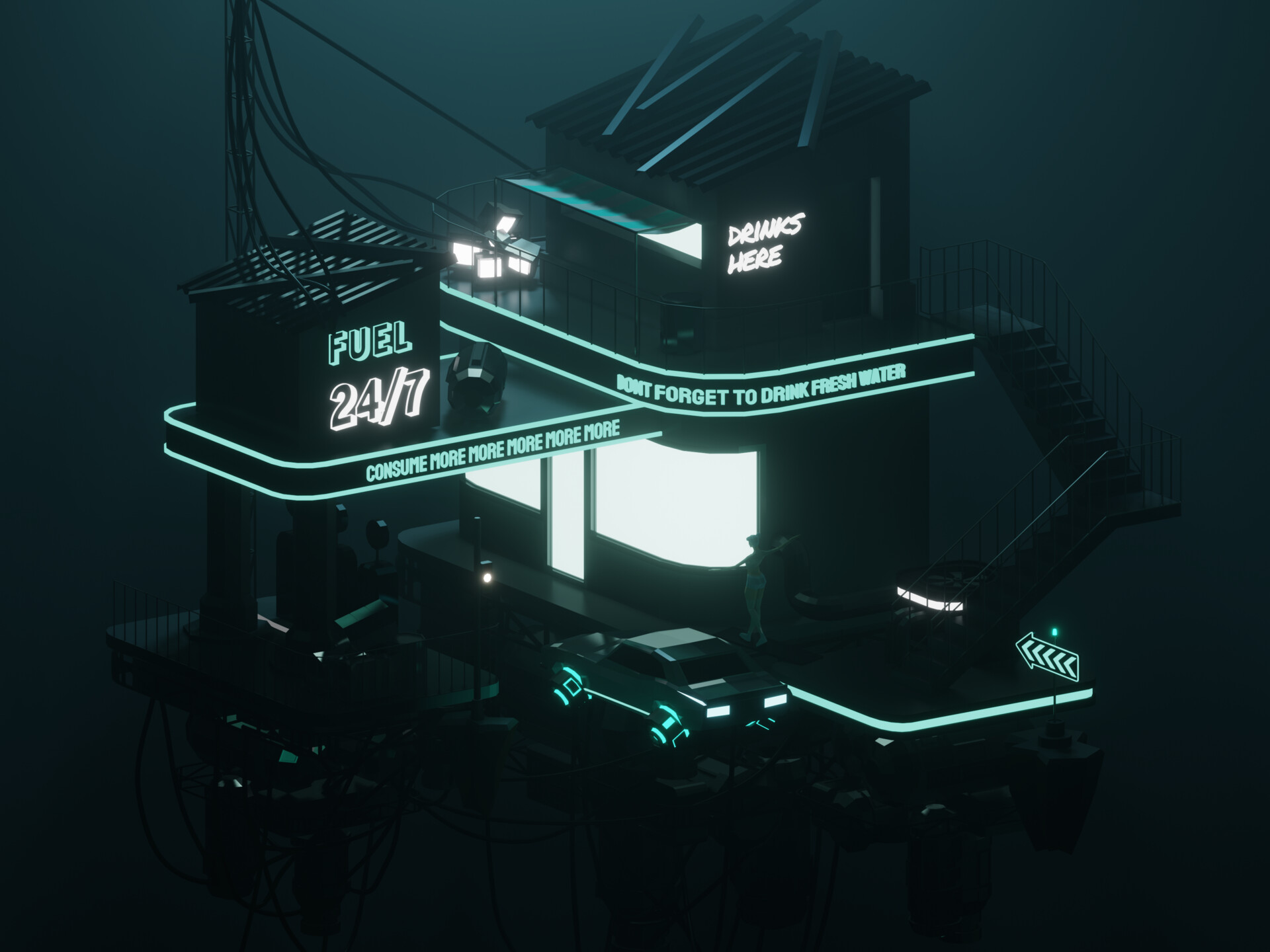 ArtStation - Dark low poly cyberpunk bar