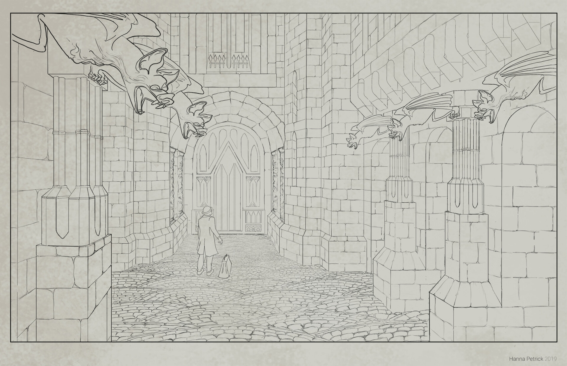 Hanna Petrick - Castle Dracula Courtyard - Preliminary Sketch