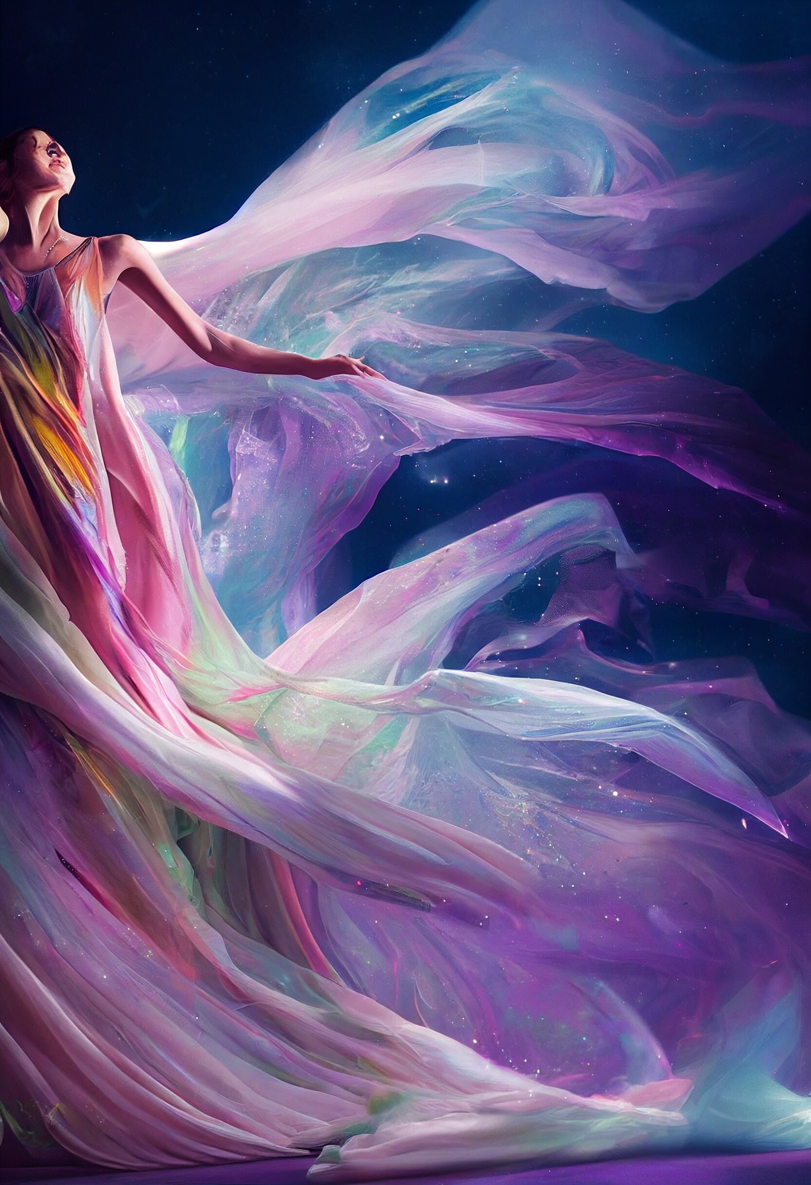Mistral - A dancer in silk lobe floating in a fantasy world - Midjourney