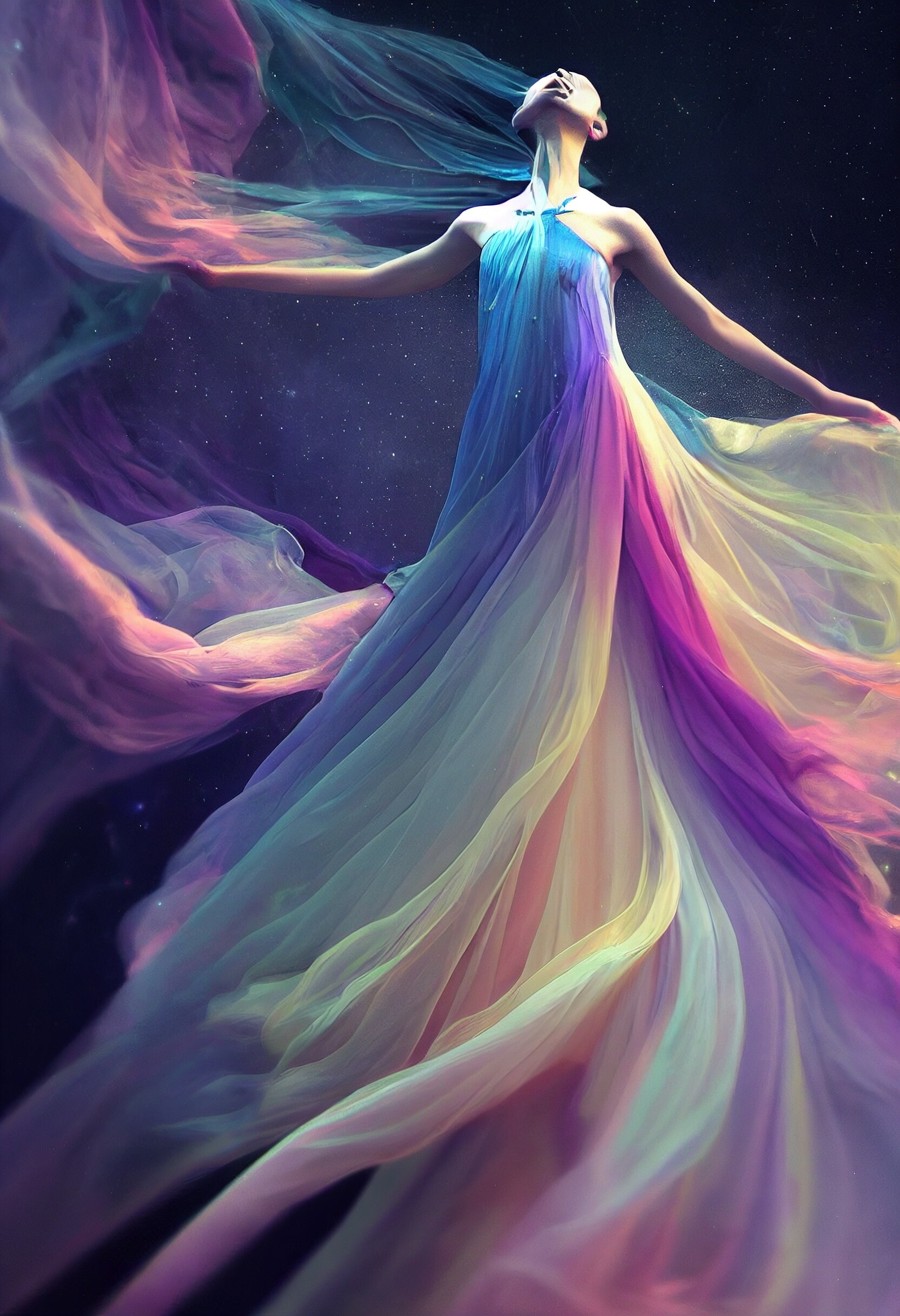 Mistral - A dancer in silk lobe floating in a fantasy world - Midjourney