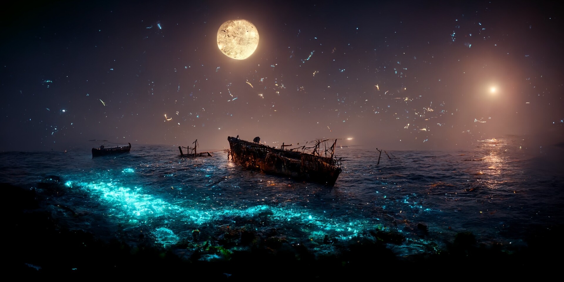 ArtStation - A shipwreck on a billowy ocean with fantasy fireflies ...