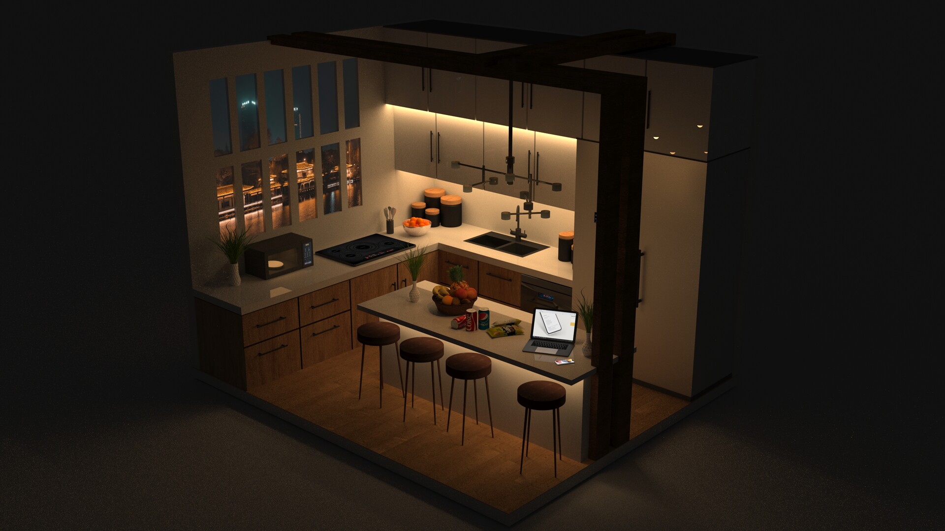 ArtStation - Modern Kitchen Isometric Design - 3D Max | Night view