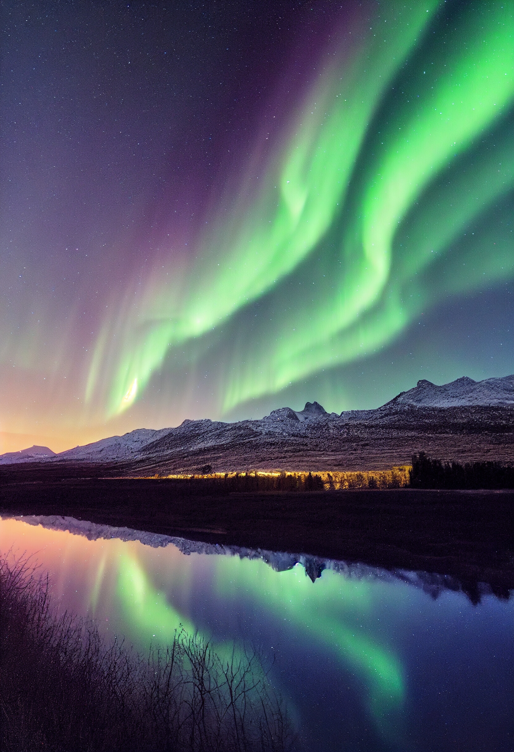 Mistral - Aurora, Glacial Lake and Snowy mountain. Fantasy and sacred land generated by Midjourney