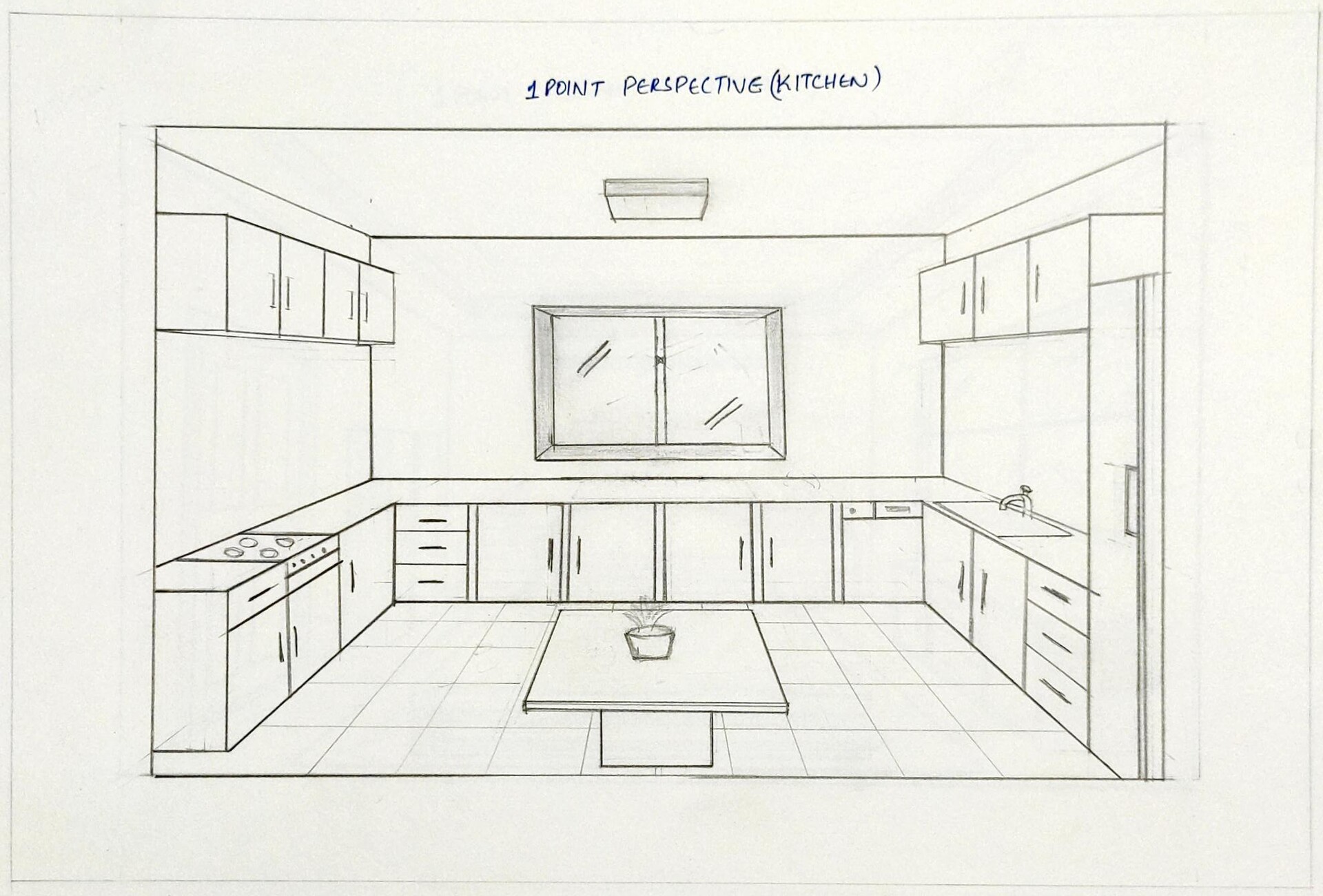 how to draw a 1 point perspective kitchen