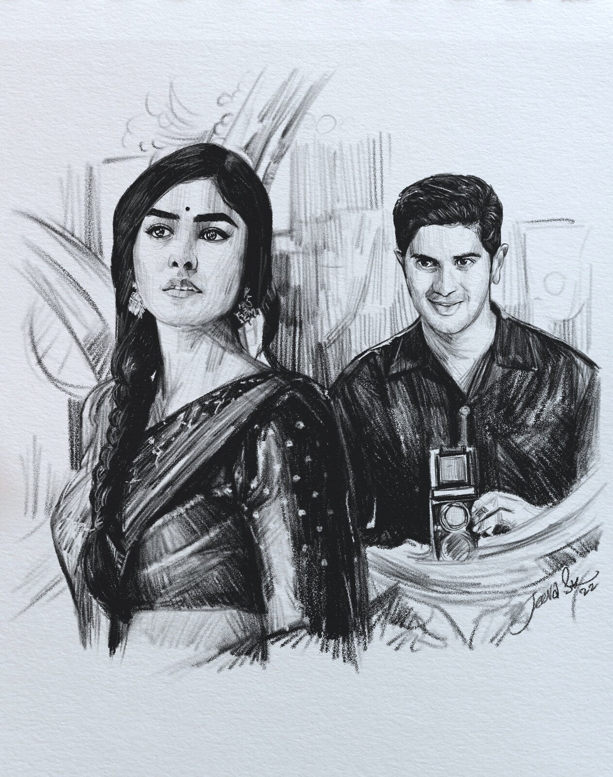 Jeeva Artist SK - Sita Ramam Pencil Sketch 2022 Mrunal Thakur & Dulquer ...