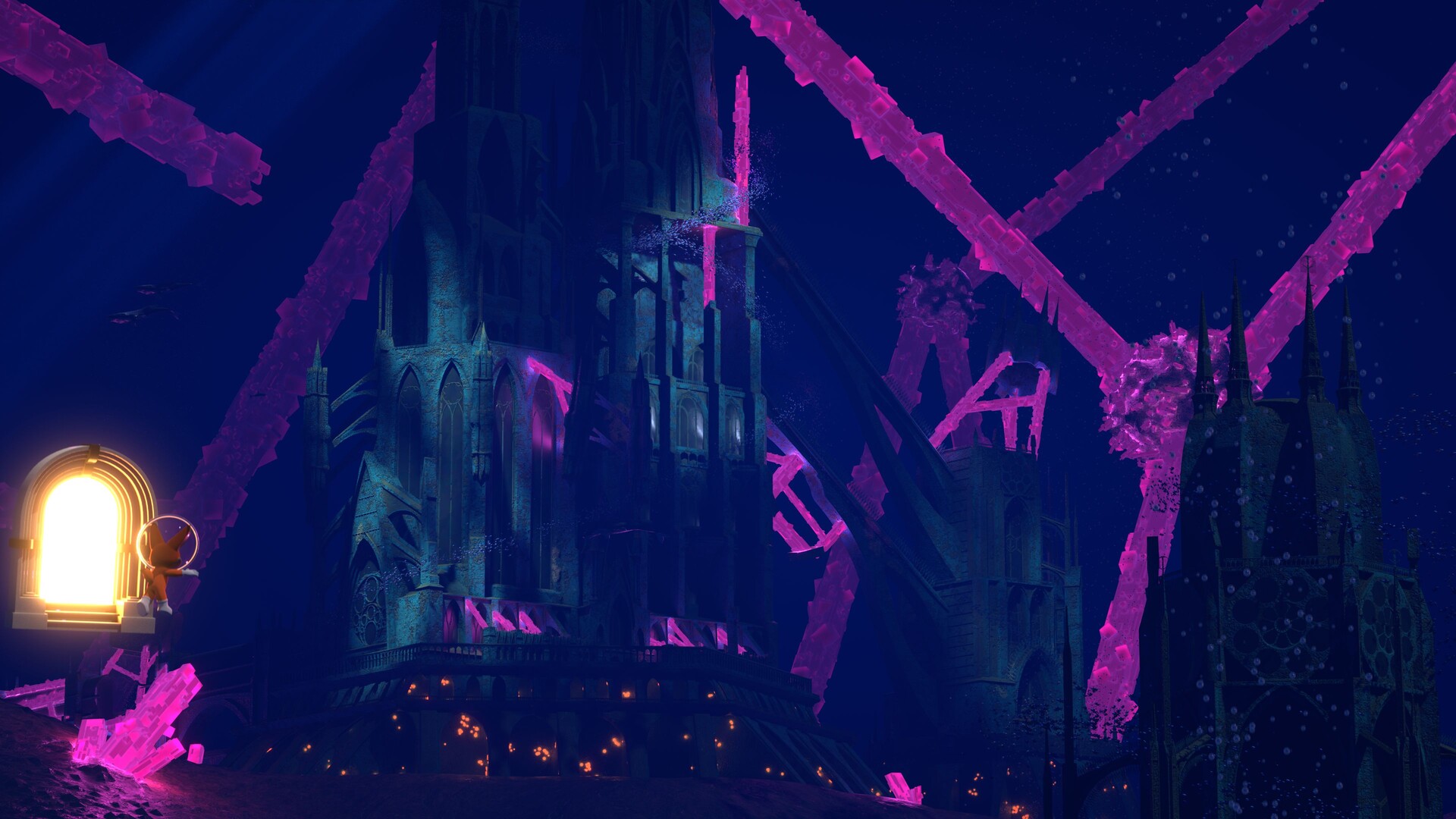 ArtStation - a gothic mega structure inside a deep underwater cave.