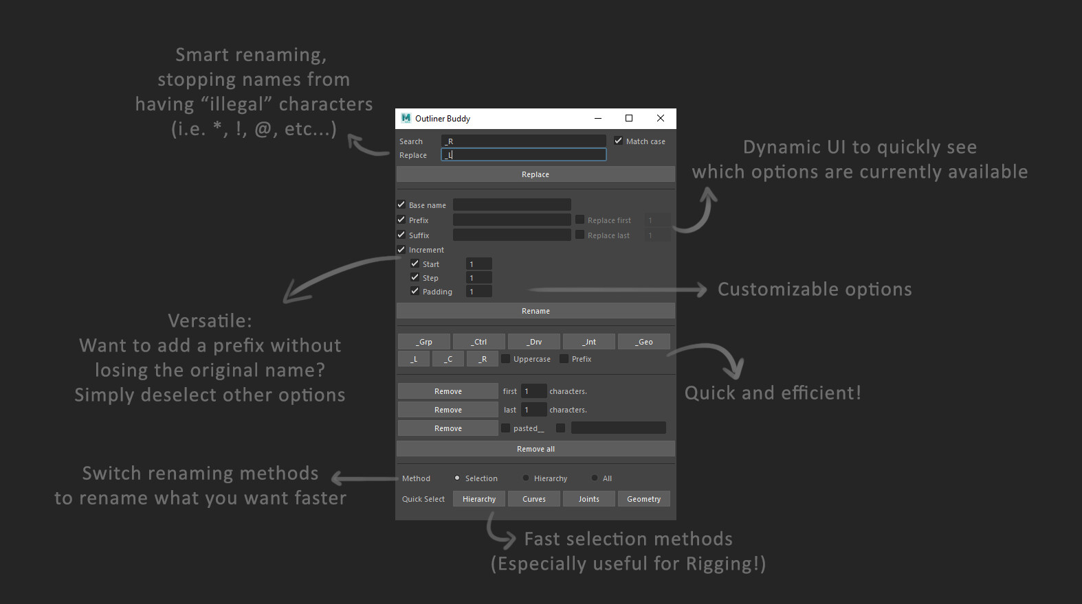 Jordan Dion-Duval - Outliner Buddy - A Maya Renaming Tool