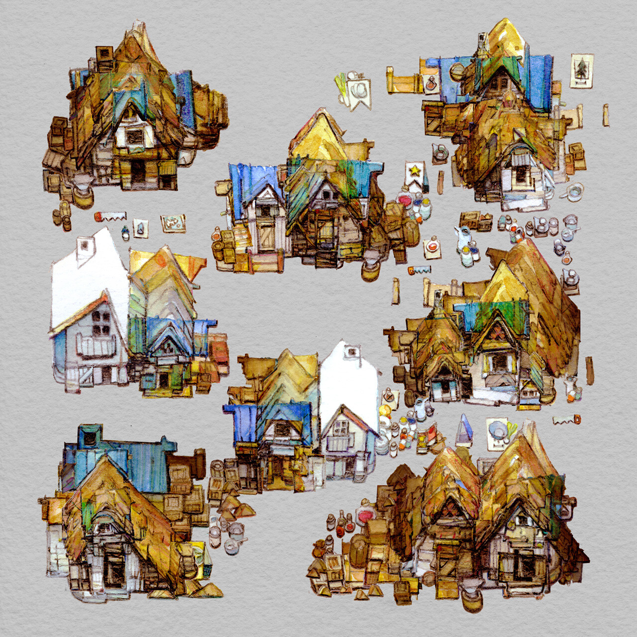 Thomas Scholes - RPG Building Kit - Watercolor to Digital + Process GIFs