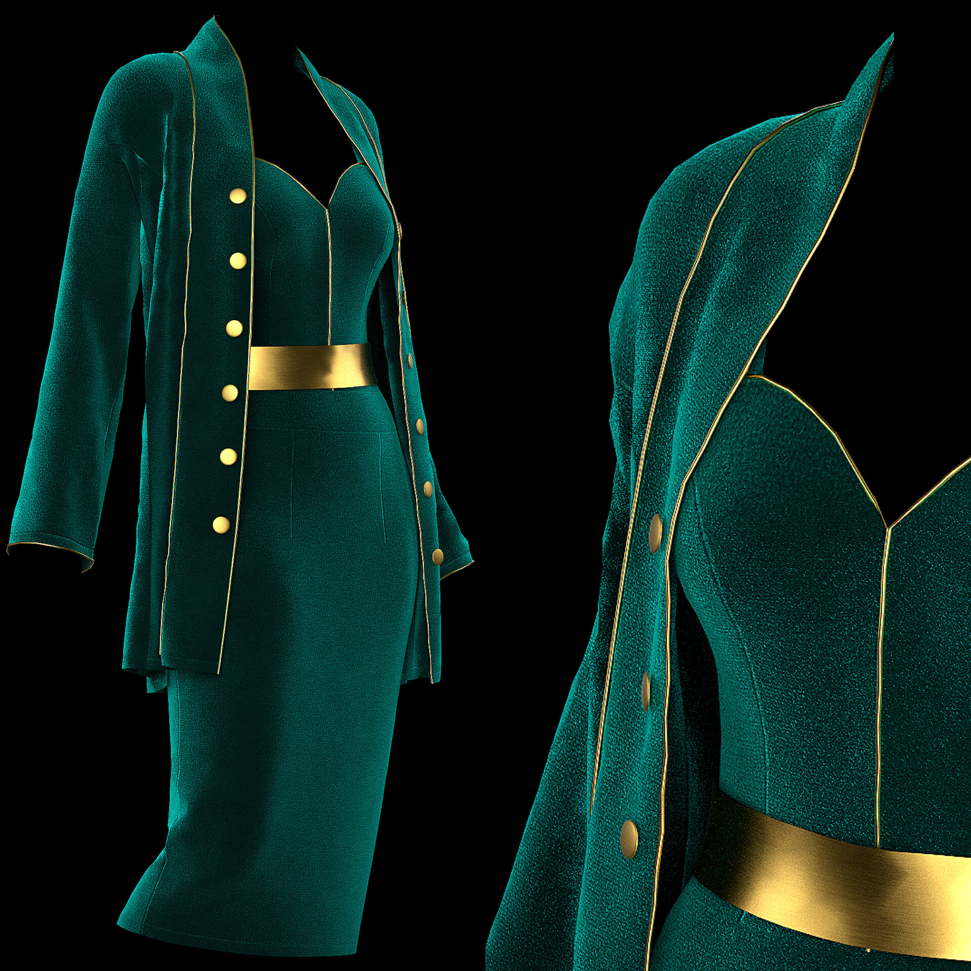 ArtStation - Plush Jacket with Metal Belt and Gold Accent Buttons & Piping