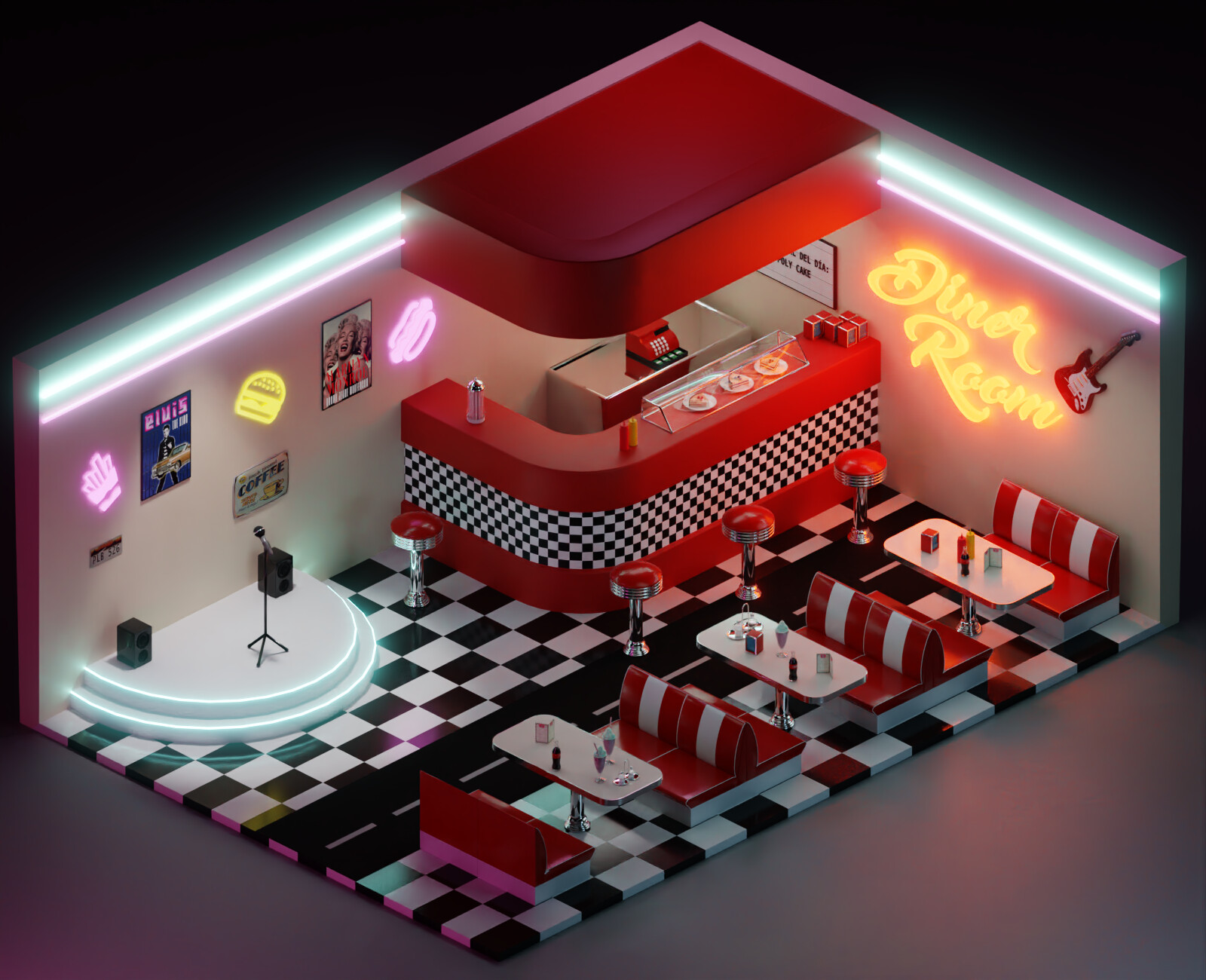 ArtStation - Isometric Diner Room Artwork + Process timelapse