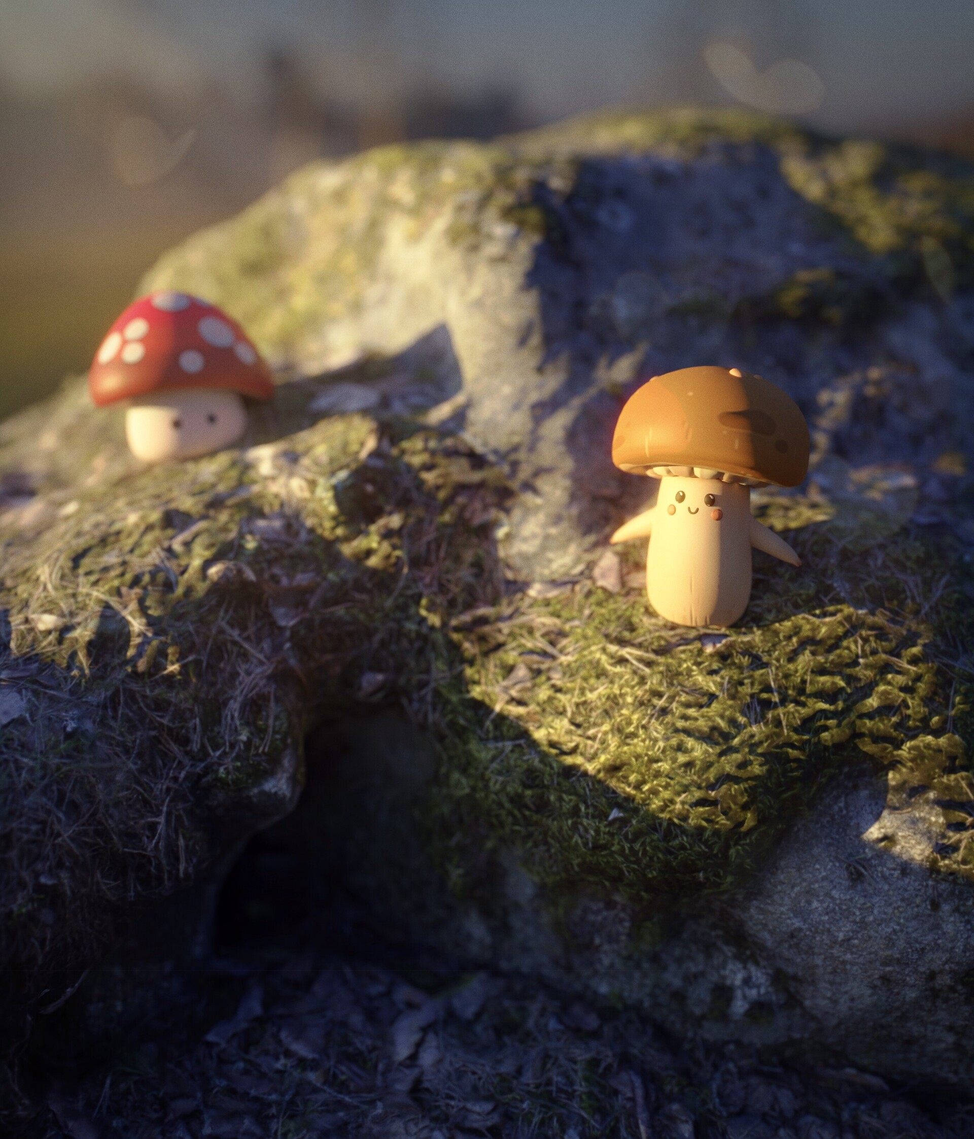 ArtStation - Cute mushrooms on a mossy rock