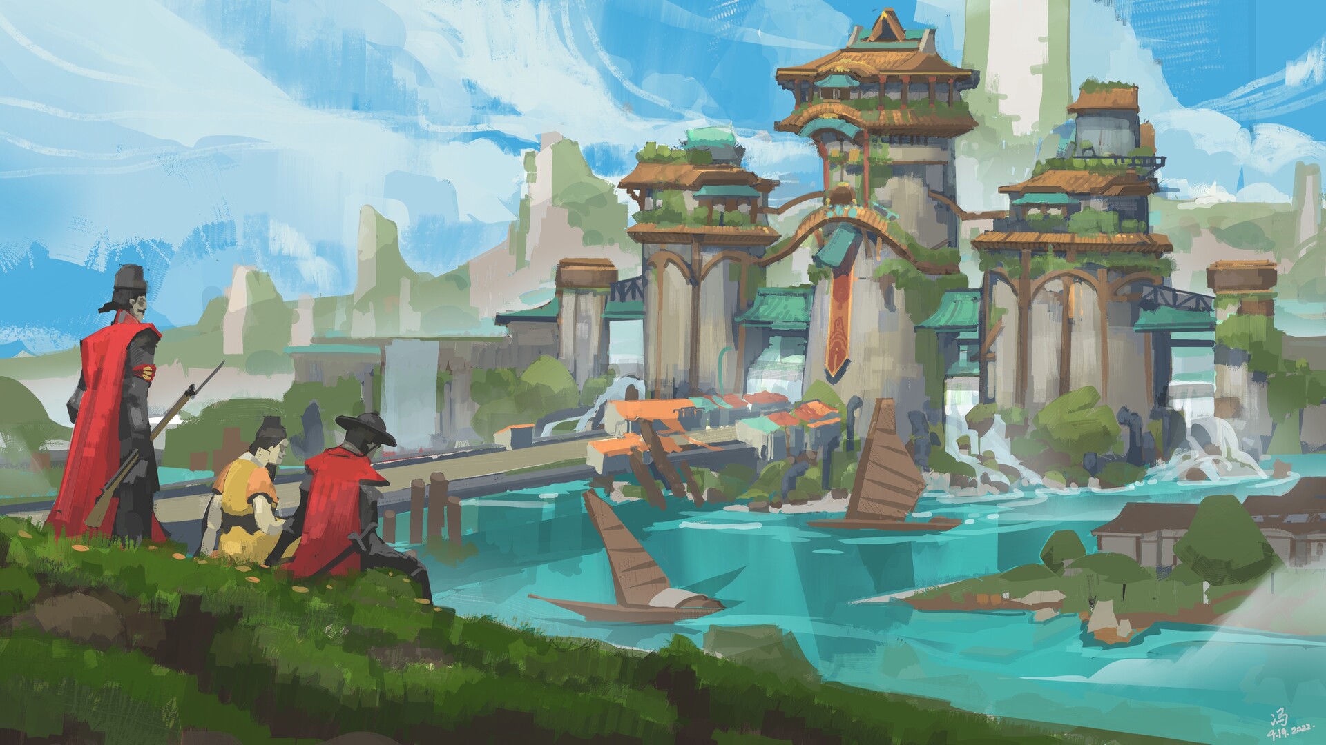 ArtStation - 古风水坝场景速涂-Ancient Dam Sketche