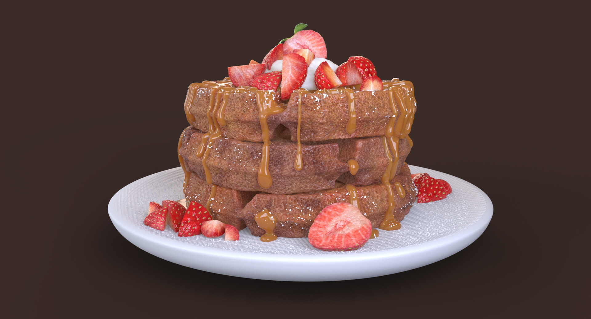 ArtStation - Waffles with strawberries, maple syrup, butter and powdered sugar topping