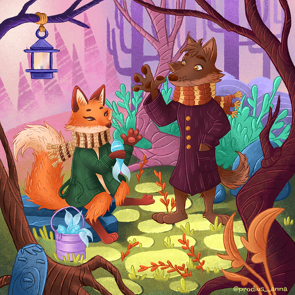 ArtStation - Foxy sister and brother wolf ~ illustration