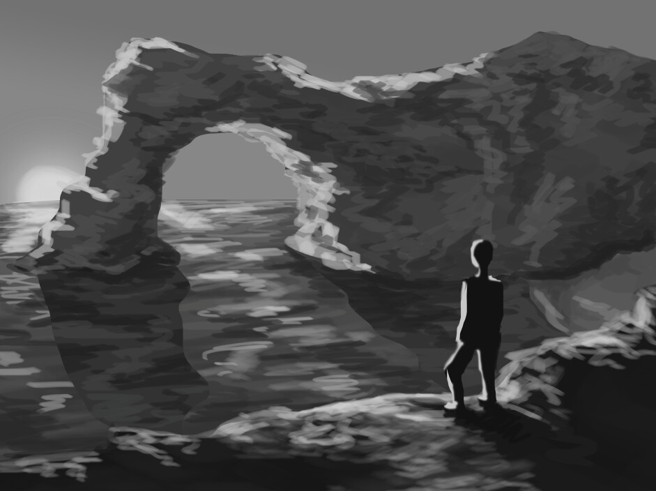 ArtStation - Man looking over cliff at beach