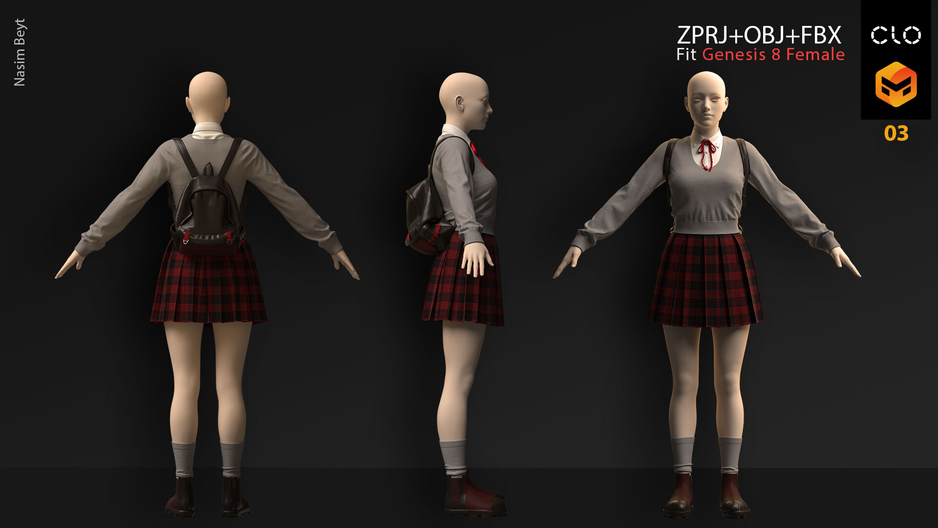 Nasim Beyt - SCHOOL UNIFORM with BAG & SHOES PACK with TEXTURES (VOL.03). CLO3D, MD PROJECTS+OBJ+FBX