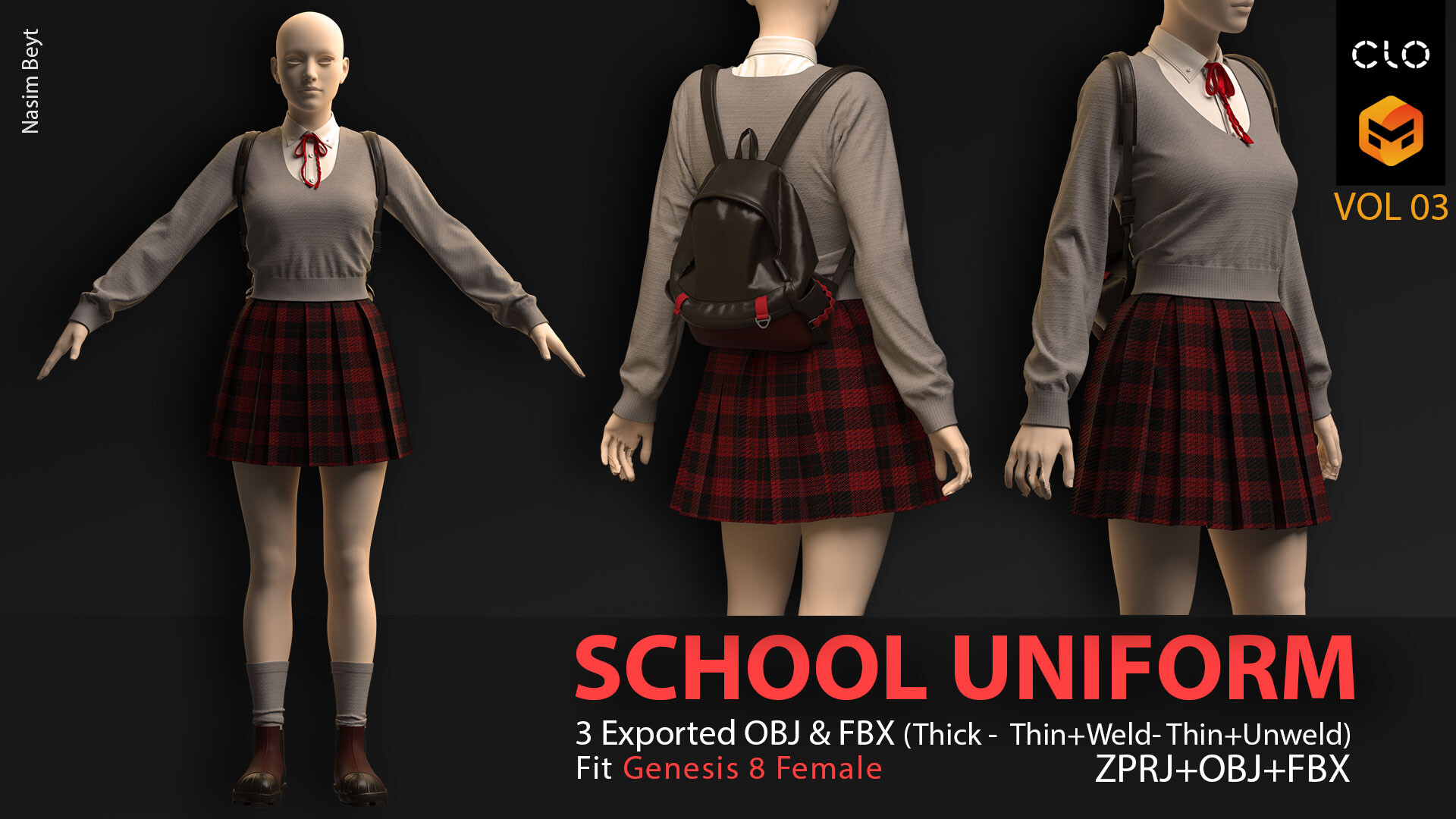 Nasim Beyt - SCHOOL UNIFORM with BAG & SHOES PACK with TEXTURES (VOL.03). CLO3D, MD PROJECTS+OBJ+FBX