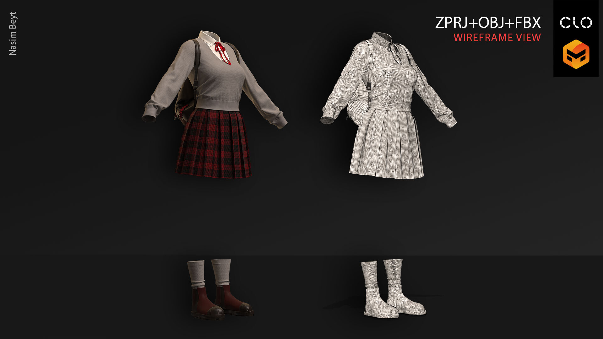 Nasim Beyt - SCHOOL UNIFORM with BAG & SHOES PACK with TEXTURES (VOL.03). CLO3D, MD PROJECTS+OBJ+FBX