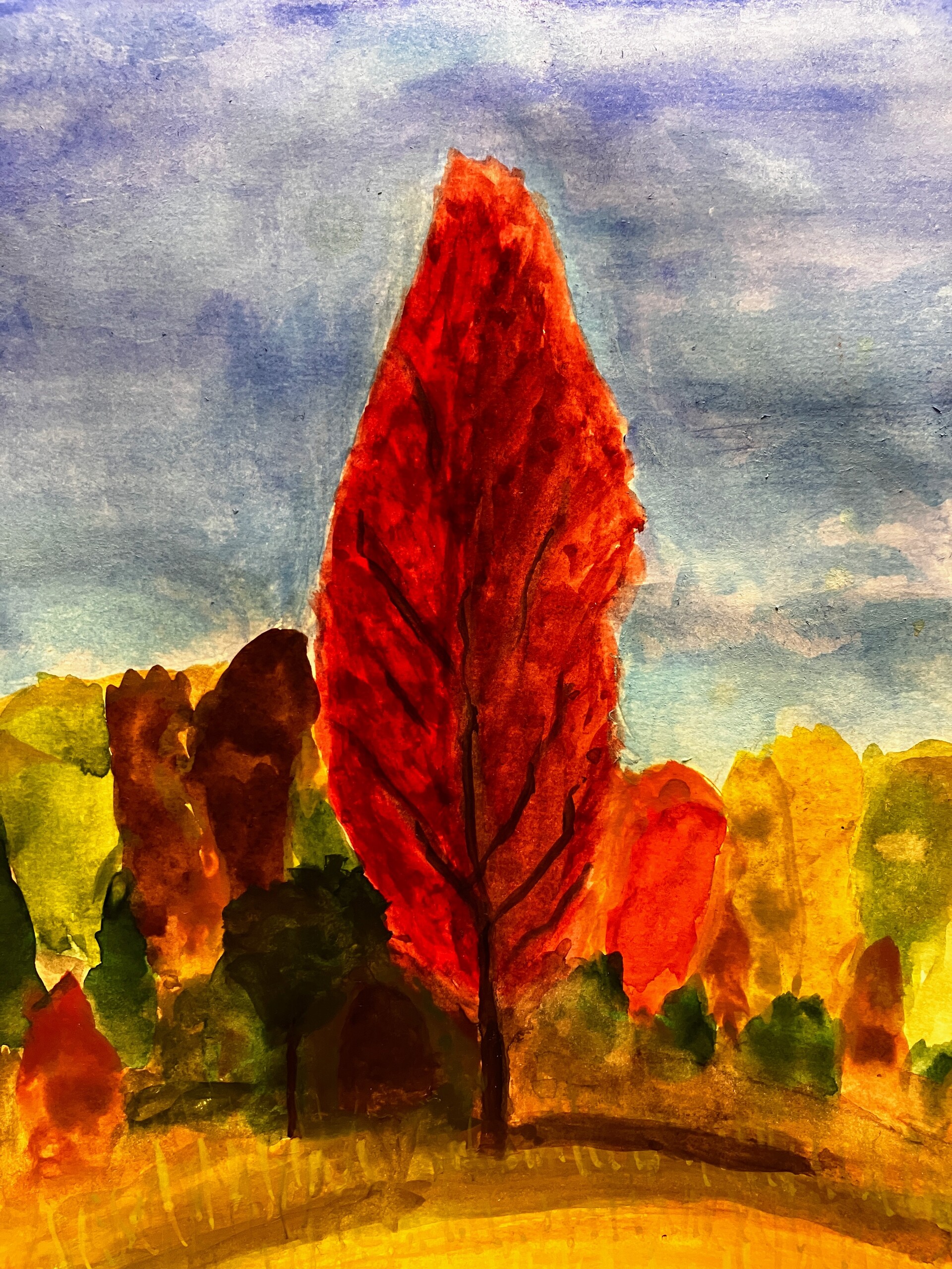 ArtStation - Red tree at Iliff Commons, Kansas, watercolor on paper.