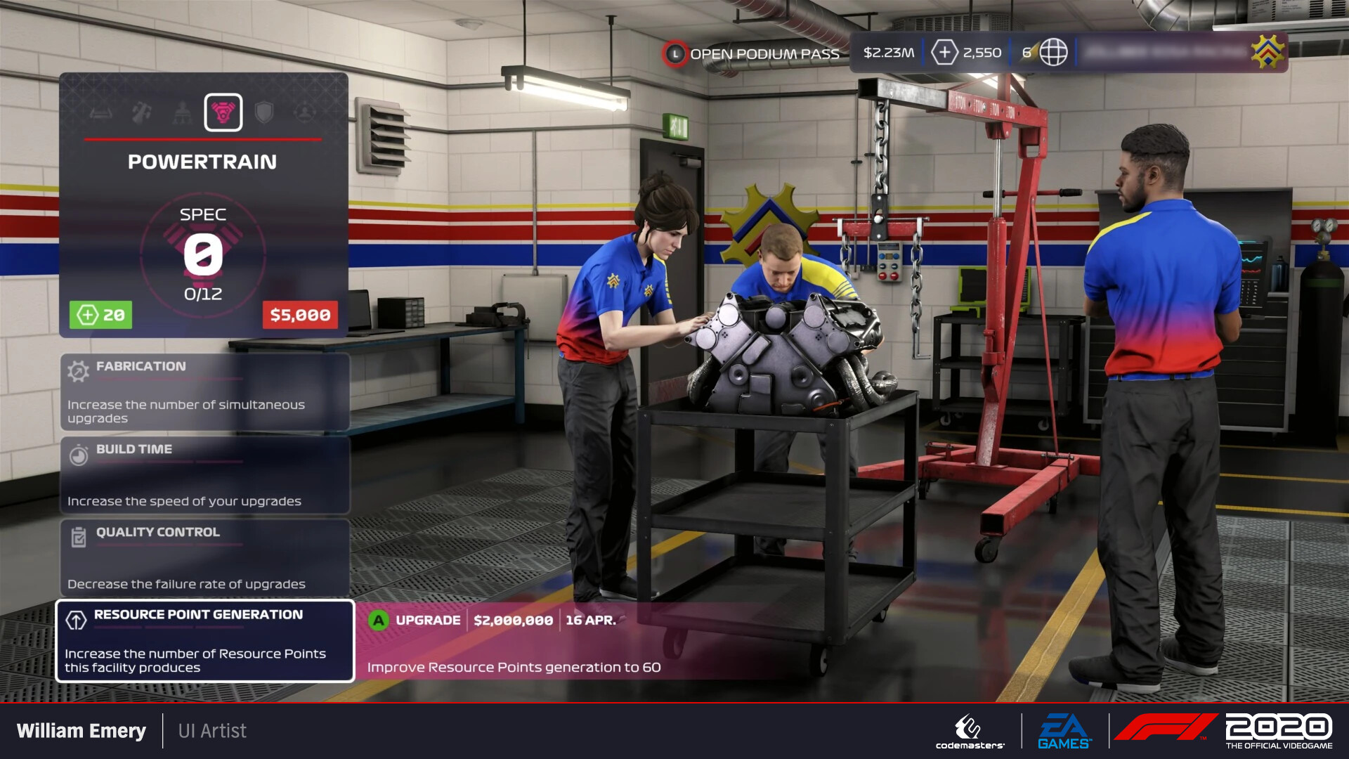 William Emery - F1 2020 - Facilities UI