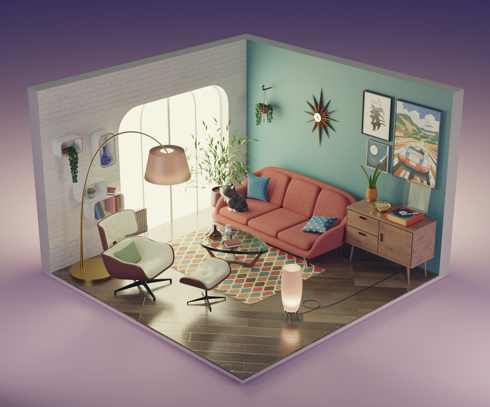 ArtStation - retro living_room interior modeling