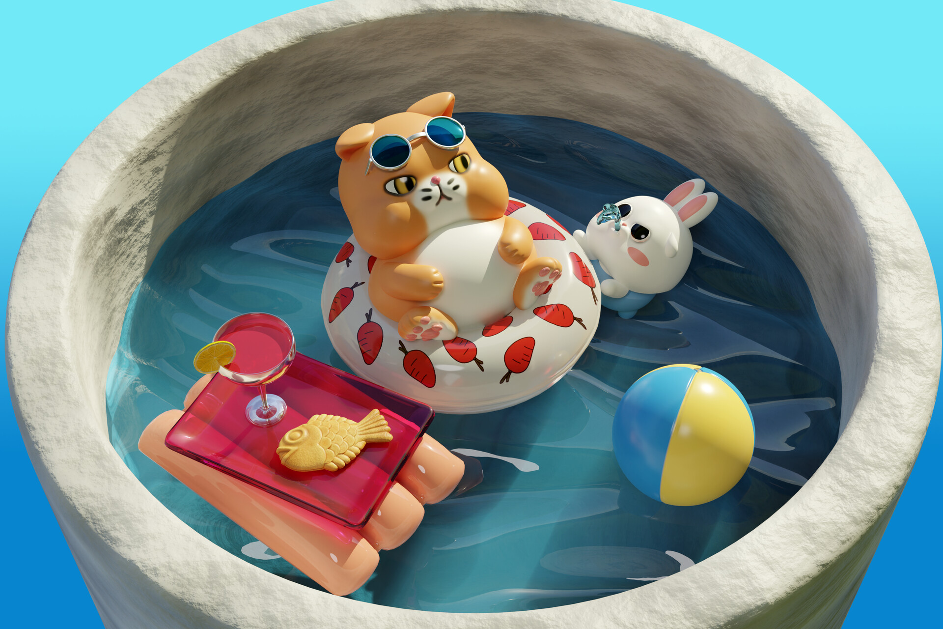 ArtStation - cat an rabbit playing in the pool