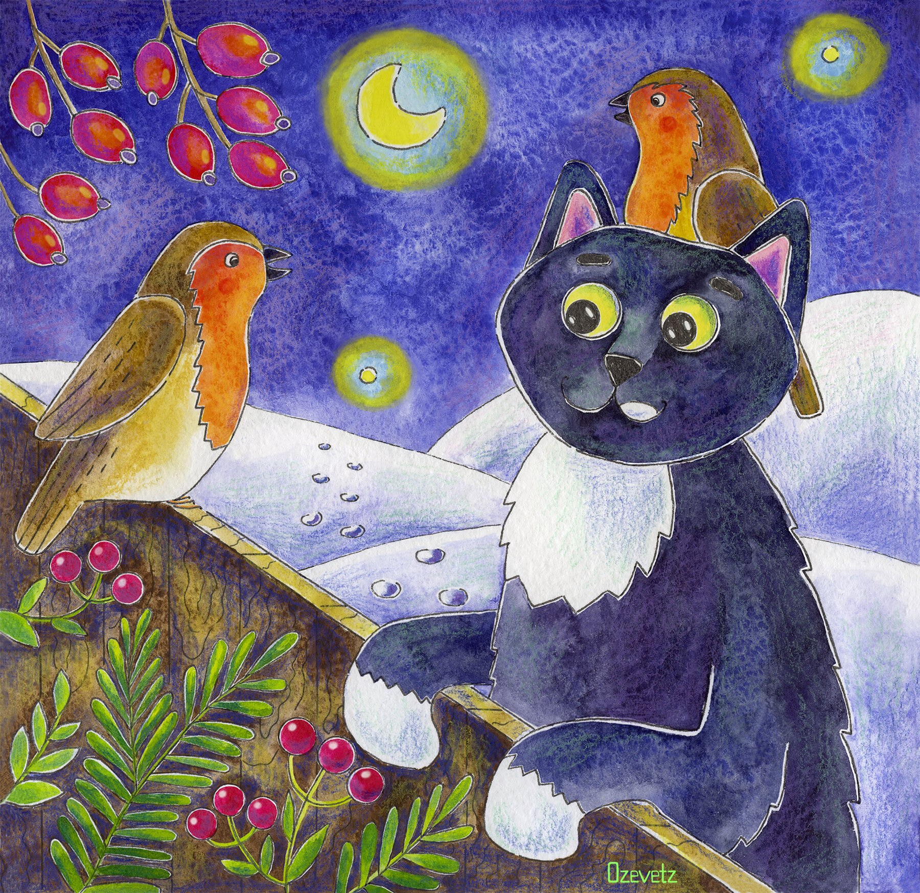 ArtStation - Two robins and a cat are up to something